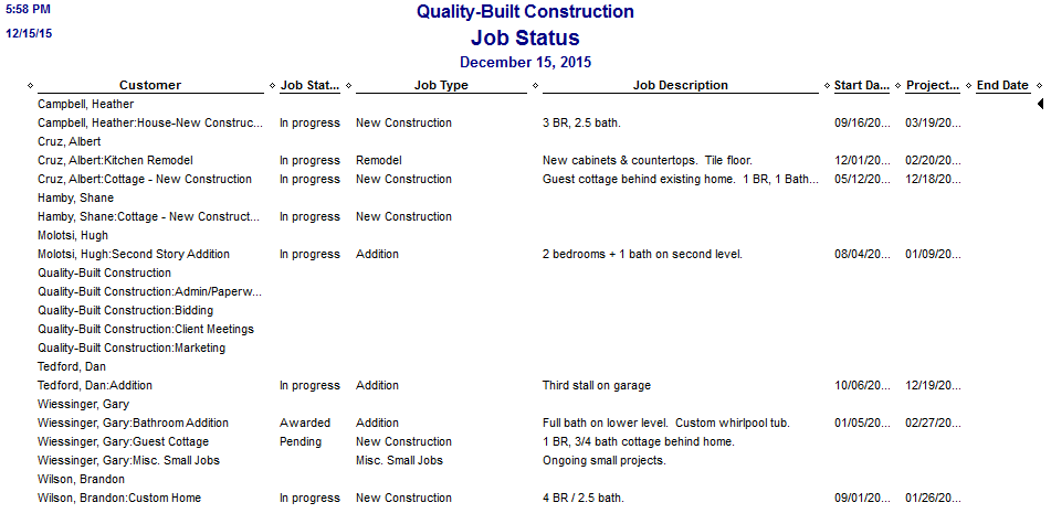 QuickBooks Job Status Report